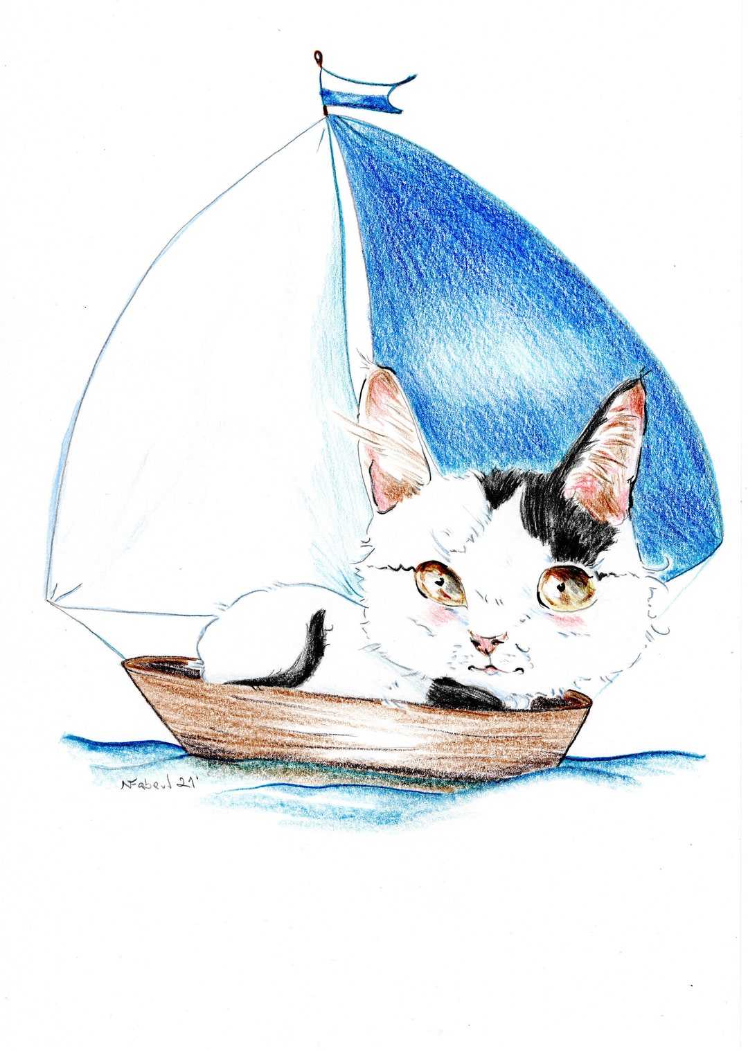 Cat Caricature With Sailing Boat, Cat Portrait Printed in a Signed and ...