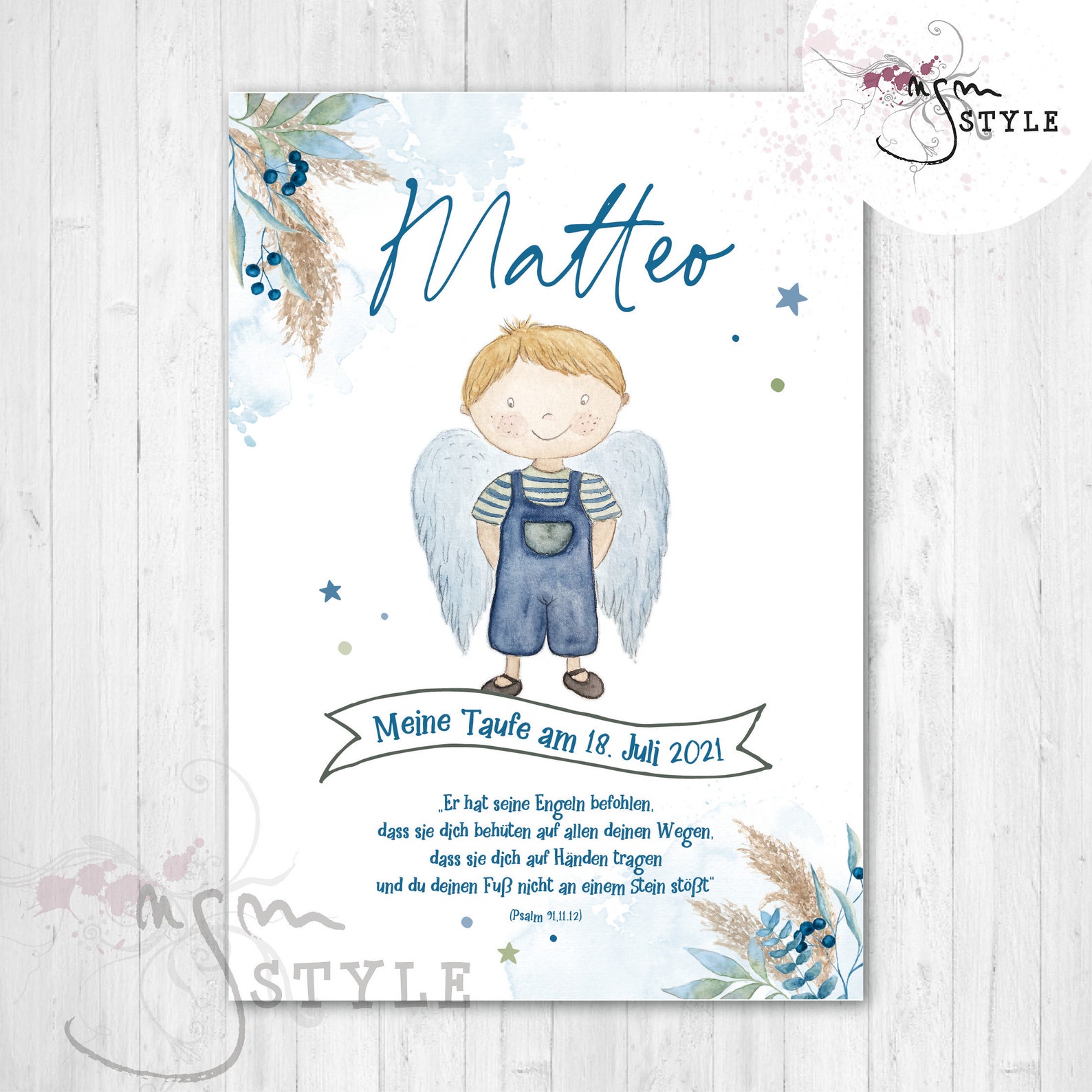 TAUFPOSTER Engel mit Taufspruch Geschenk zur Taufe Junge | Etsy