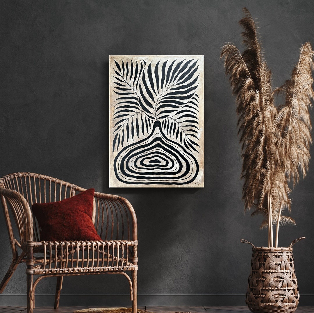 Vase PALM, pièce unique abstraite noir-beige sur toile, 50 x 70 cm ...