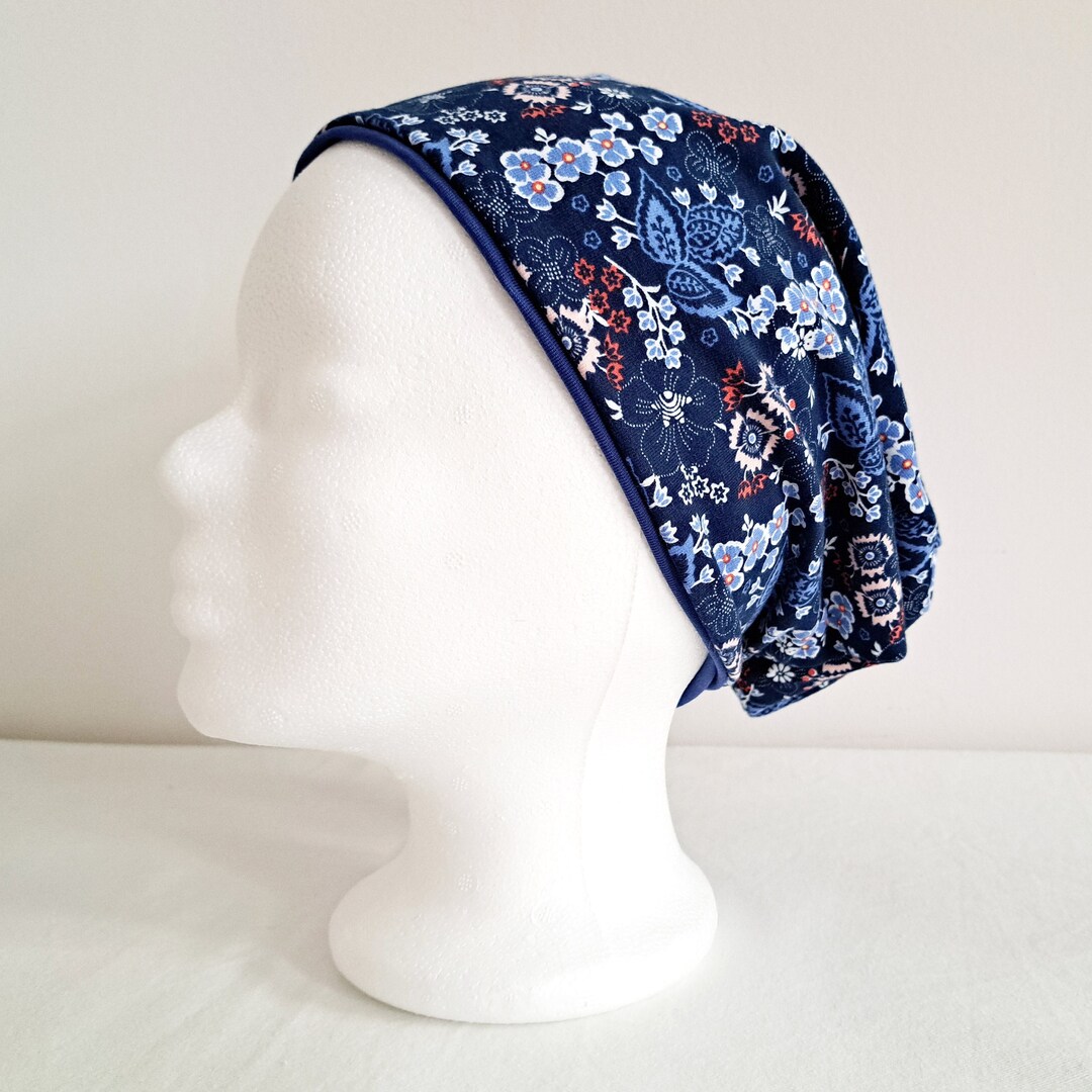 Beanie Inside-out Blue With Flowers - Etsy