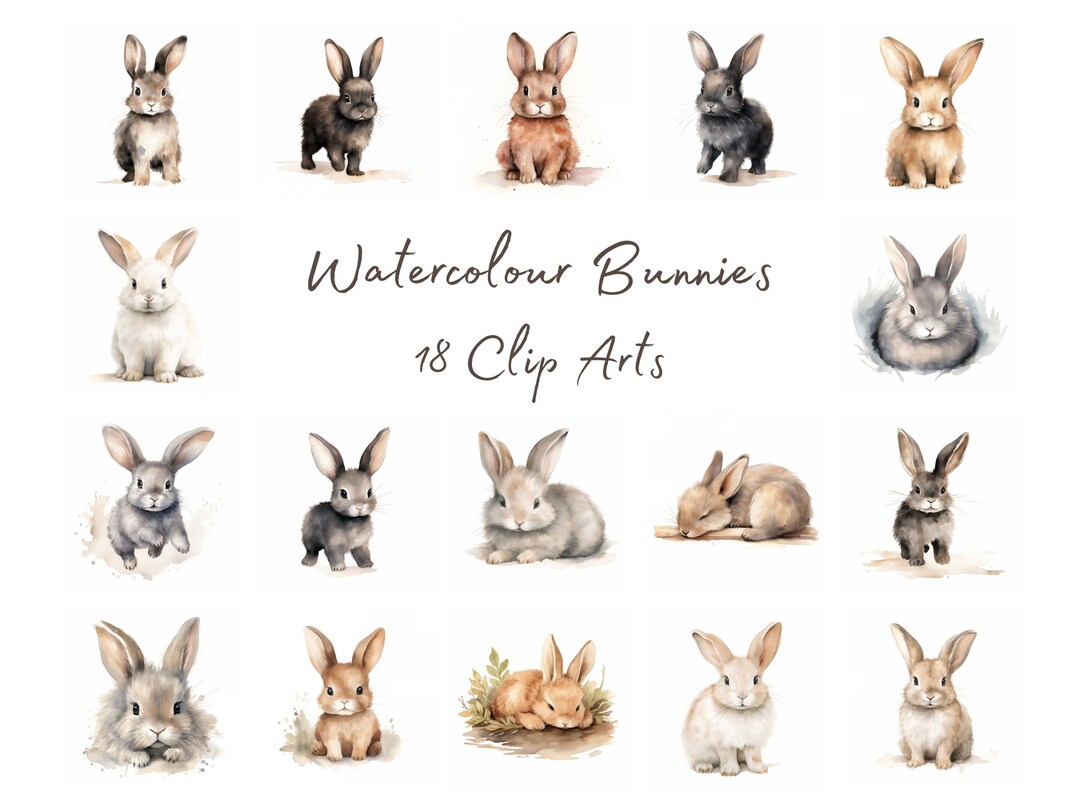Cute Watercolour Neutral Bunny Rabbits 18 Clip Arts With White ...
