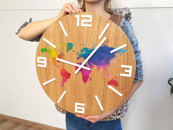 Large wall clock Wood World Map 19 inch Farmhouse | Etsy