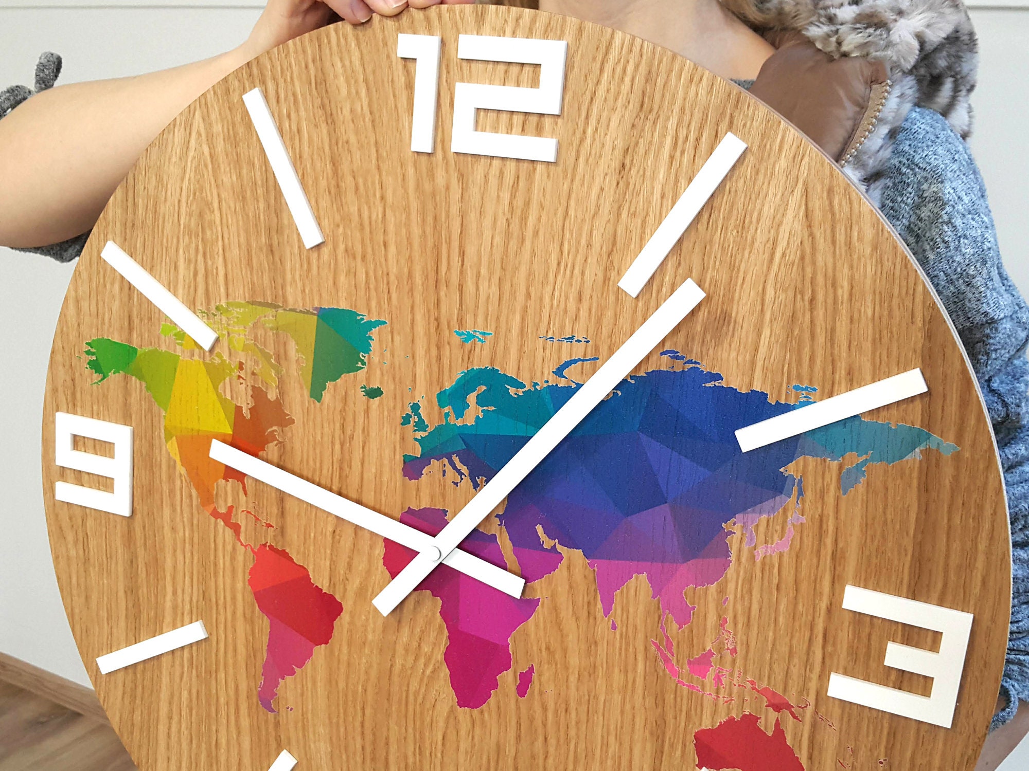 Large Wall Clock Wood World Map 19 Inch Farmhouse - Etsy