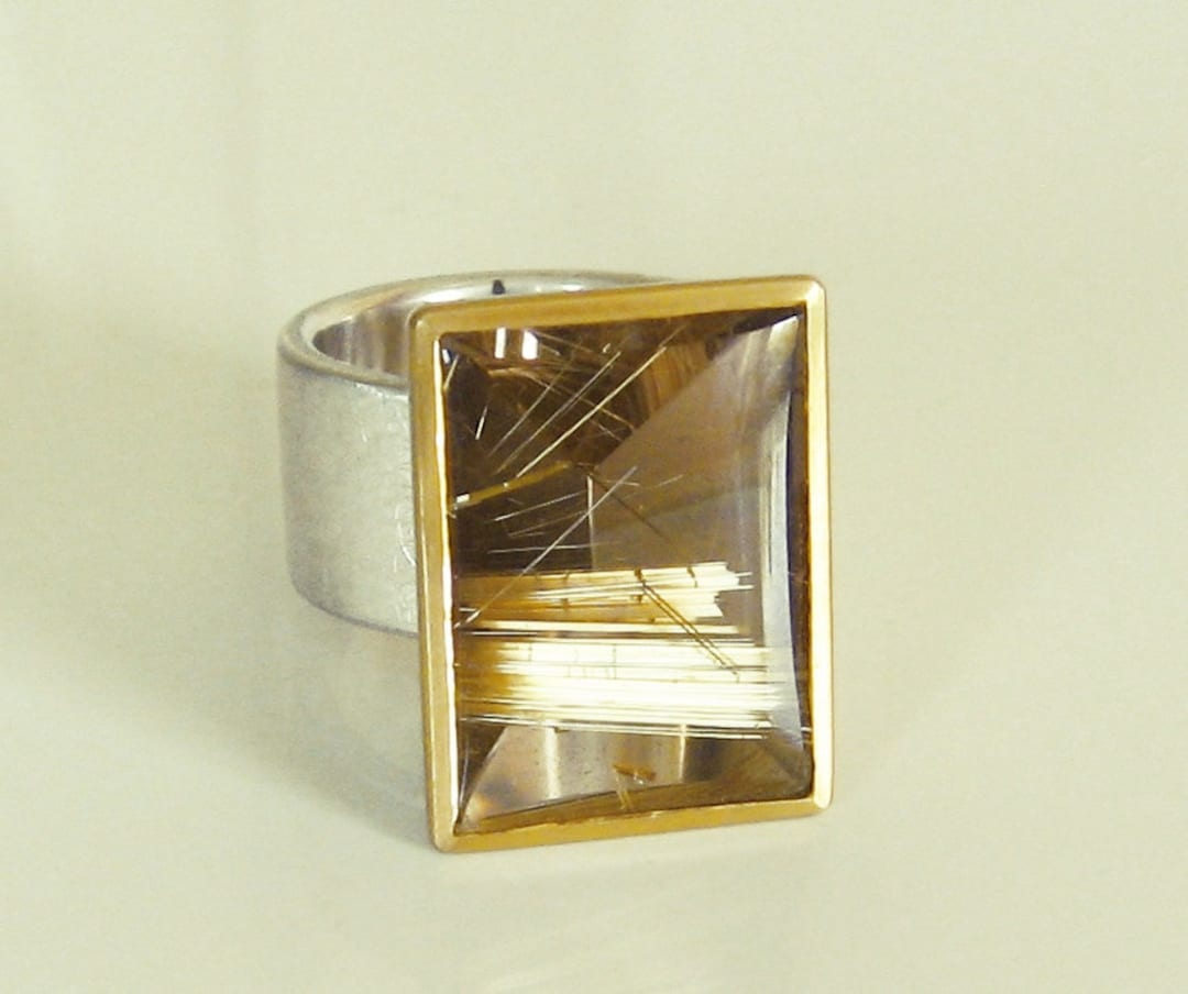 Rutilated Quartz Ring Made From Recycled 900 Gold and 925 Silver, Large ...