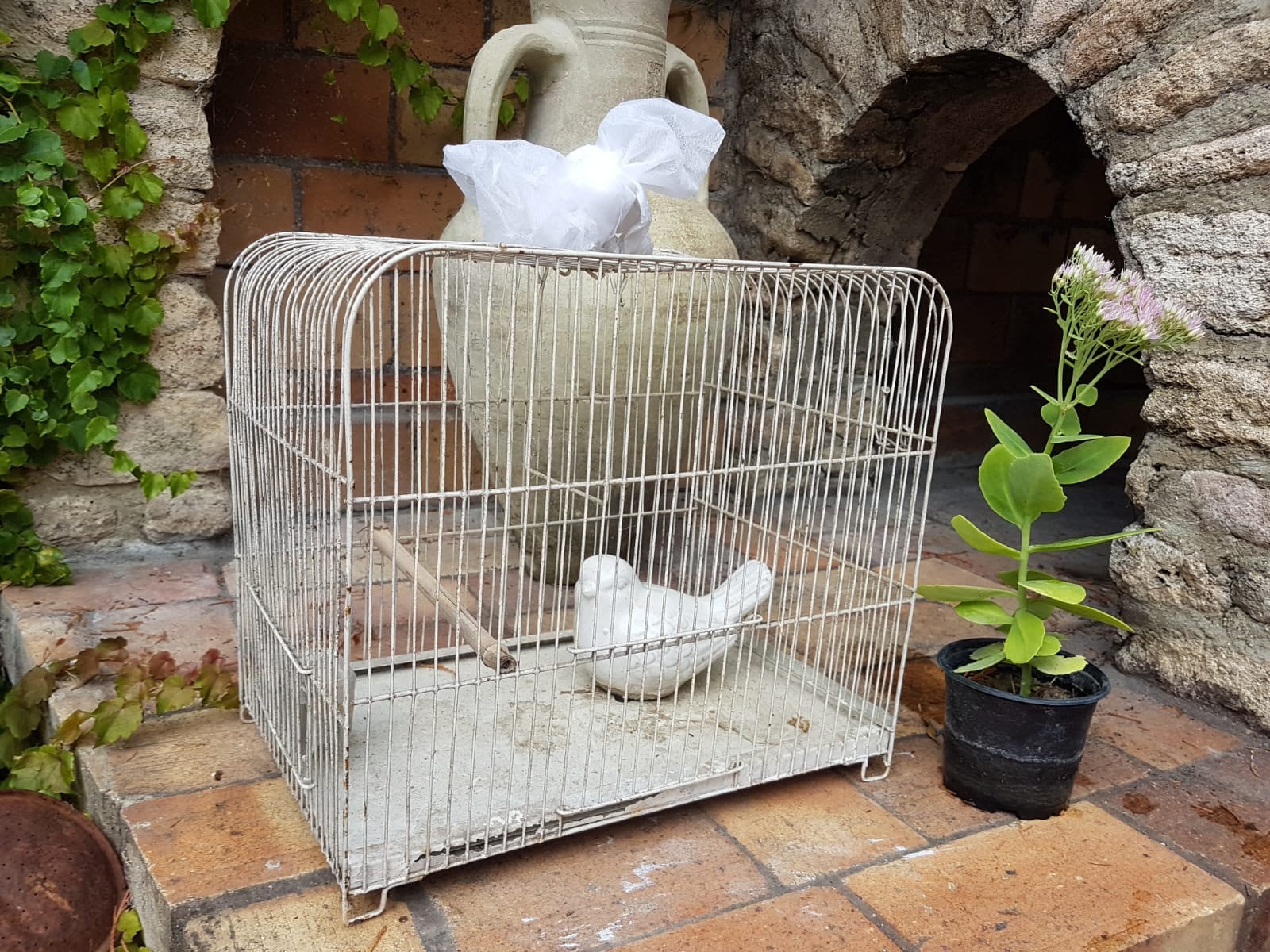 Vintage Metal Birdcage With Original Glass Feeder / Antique Decorative ...