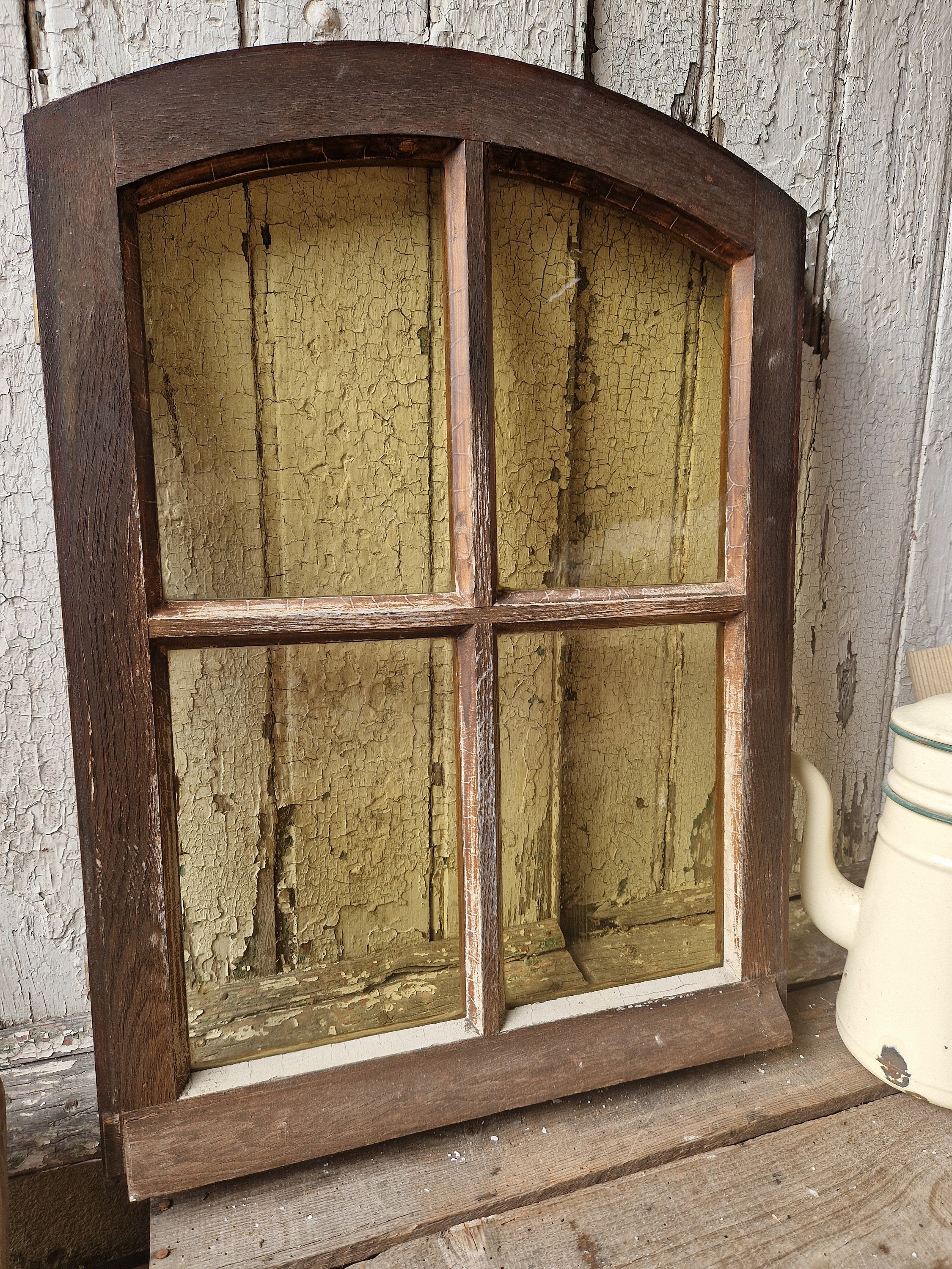 Antique French Wooden Window Frame, With Original Yellow Glass, Wall ...
