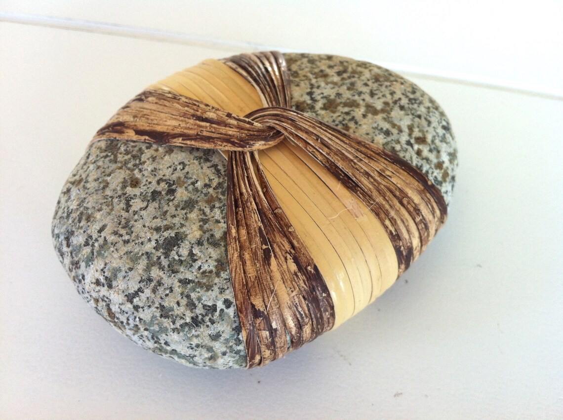 Cane Wrapped Rock /Japanese Basketry Wrapped Rock/Stone | Etsy