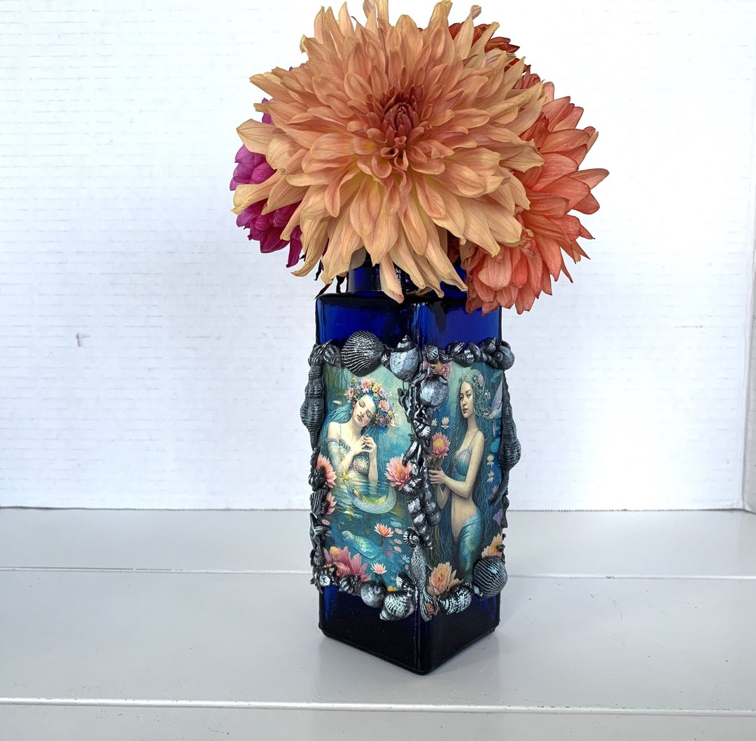 Mermaids Four Sided Bottle Art/nautical Bottle Art With Ceramic Sealife ...