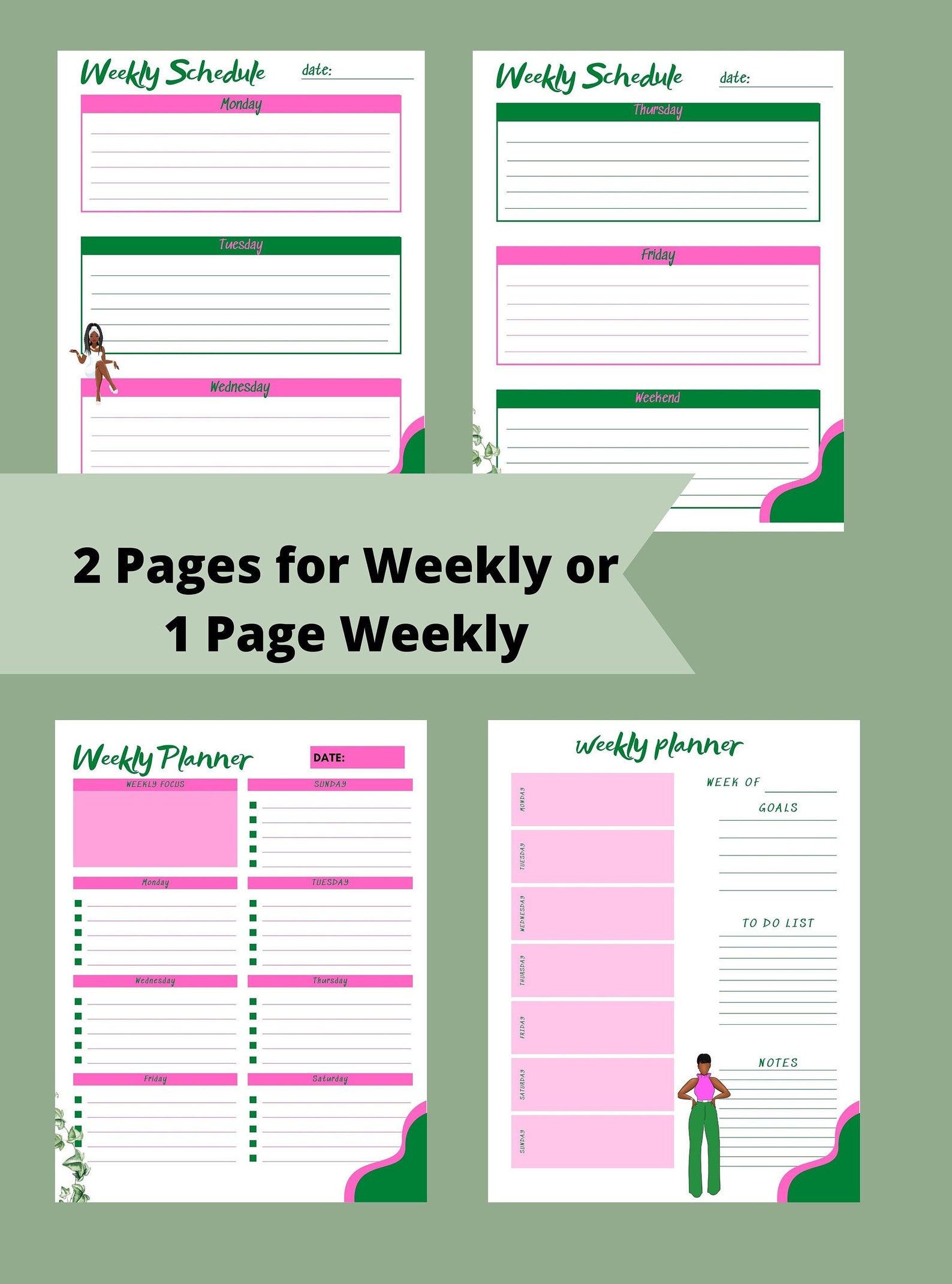 Pink and Green Planner Pack Printable Pages and Digital Paper - Etsy
