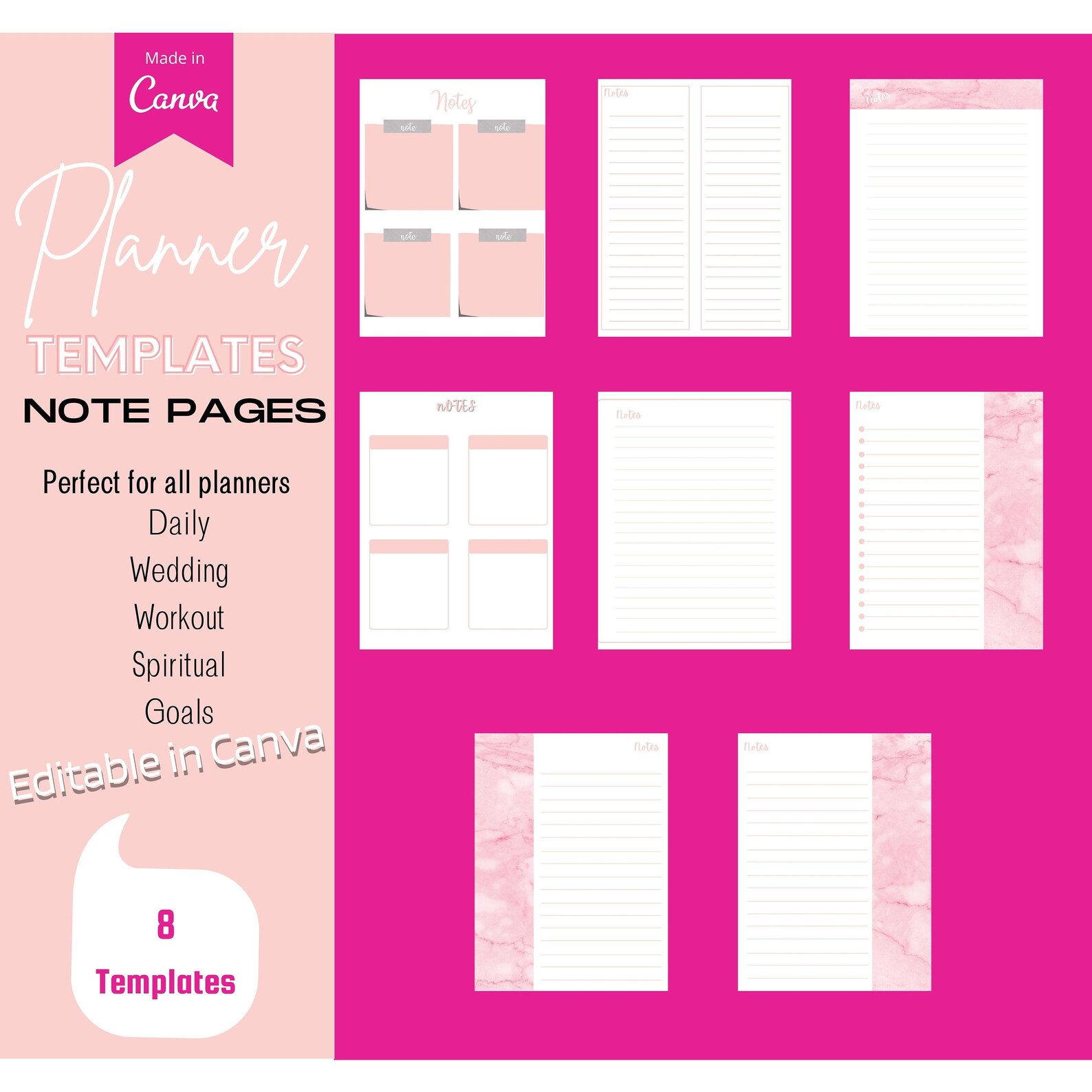 Editable Note Page Templates for Canva Planner Template | Etsy