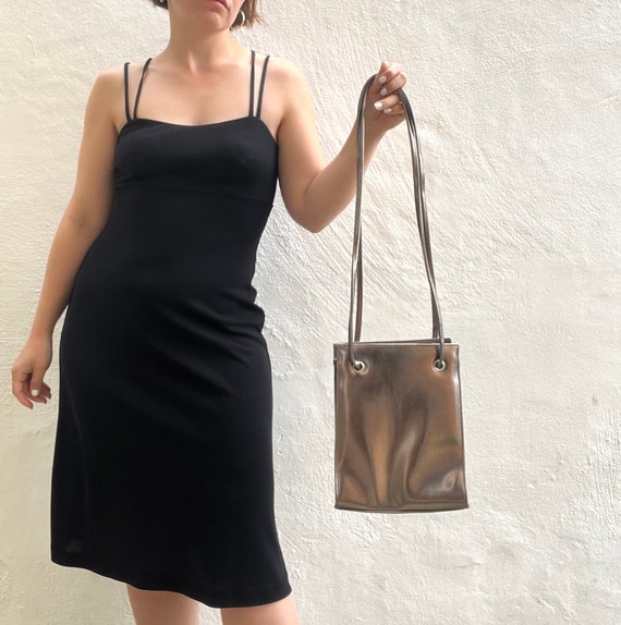 1990s y2k minimal chic shiny silver dark grey handbag… - Gem