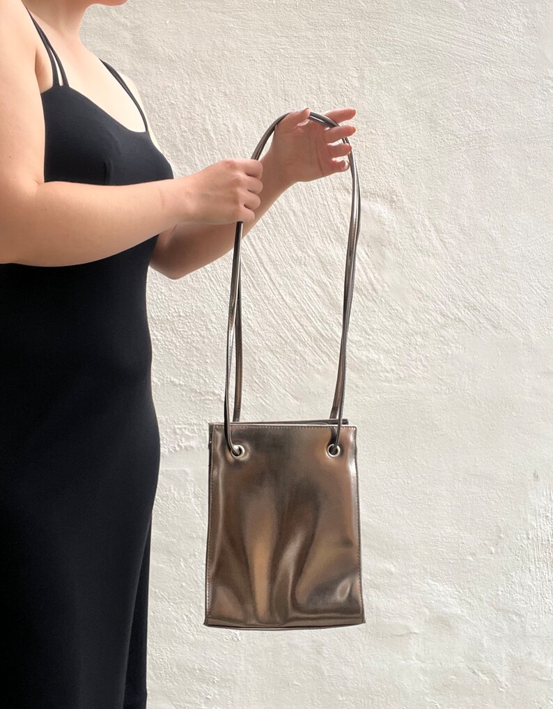 1990s Y2k Minimal Chic Shiny Silver Dark Grey Handbag Purse Bag With ...