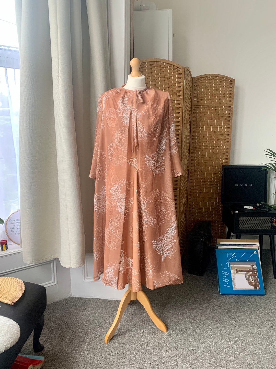 1970s Dusky Orange SUIT Fit and Flare V Neck Dress With Chiffon Over ...