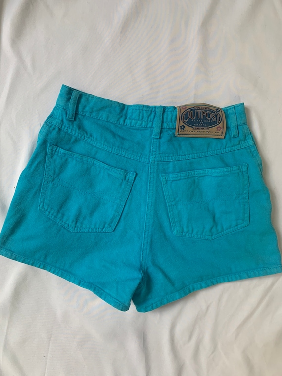 1990s teal denim hot pants high waisted teal shorts s… - Gem