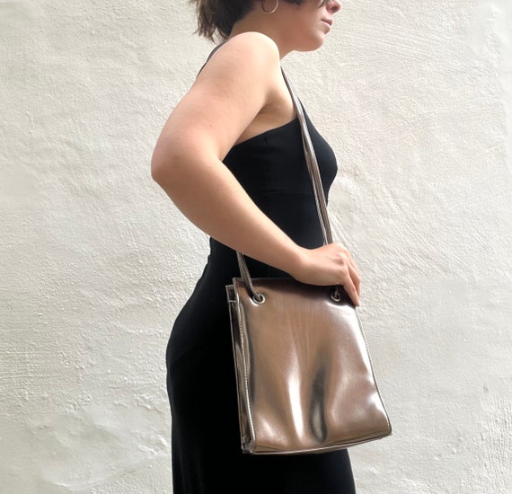 1990s y2k minimal chic shiny silver dark grey handbag… - Gem