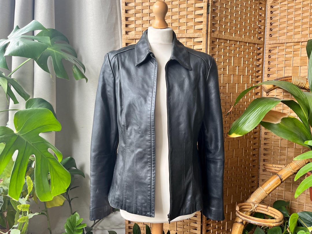 1990s Minimalist Leather Jacket M // Vintage High Quality Zip up ...