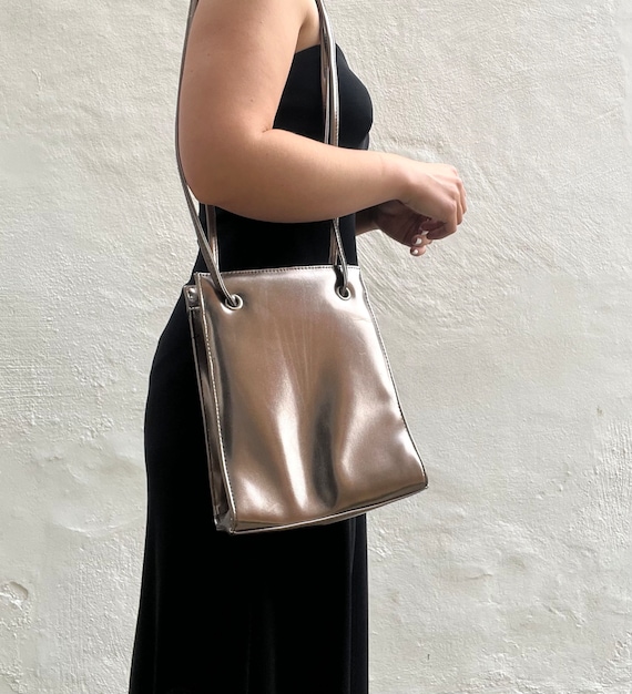 1990s y2k minimal chic shiny silver dark grey handbag… - Gem