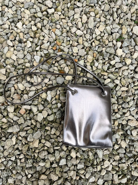 1990s y2k minimal chic shiny silver dark grey handbag… - Gem
