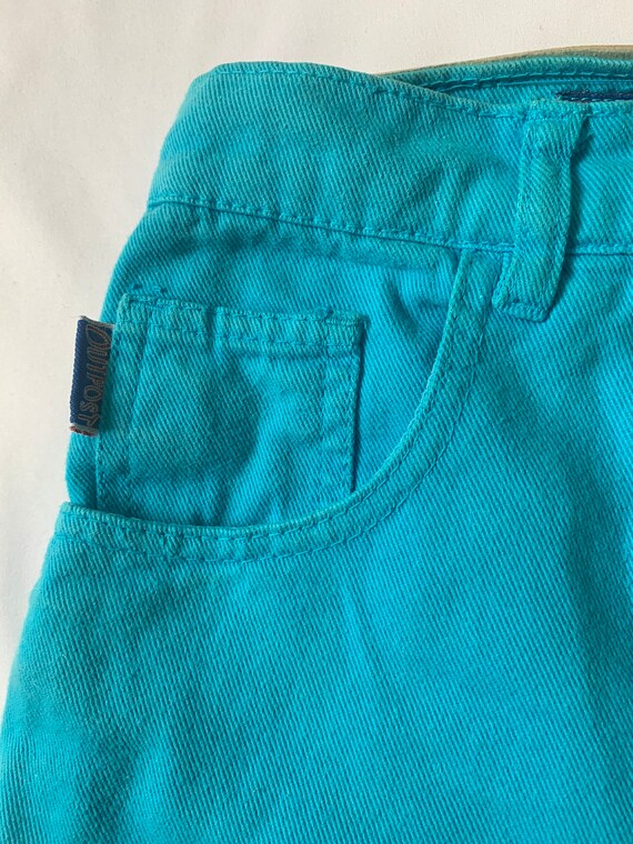 1990s teal denim hot pants high waisted teal shorts s… - Gem