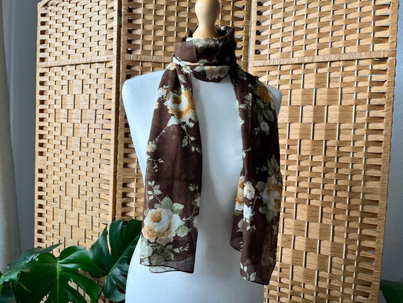 Vintage sheer long brown neck scarf with cream roses,… - Gem