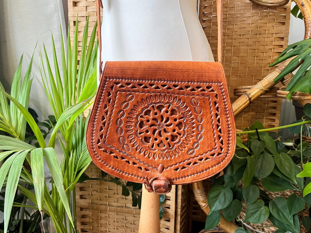 1970s Tan Brown Tooled Real Leather Saddle Bag, Shoulder Bag, Mini ...