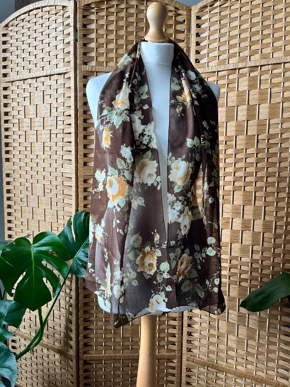 Vintage sheer long brown neck scarf with cream roses,… - Gem