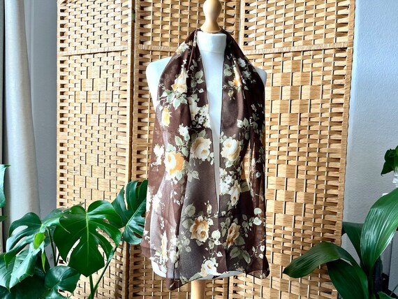 Vintage sheer long brown neck scarf with cream roses,… - Gem