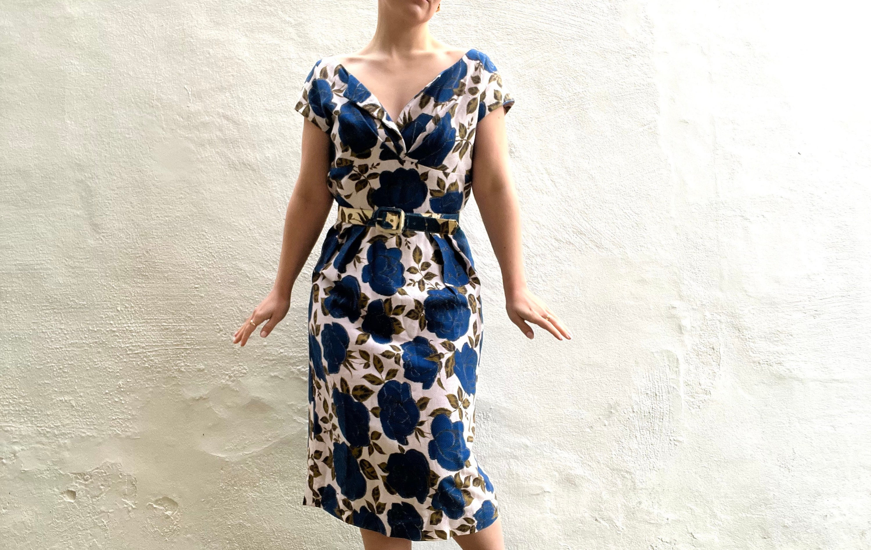 1950s Dress Size S // Genuine Pin up Blue Rose Bombshell Figure Hugging ...