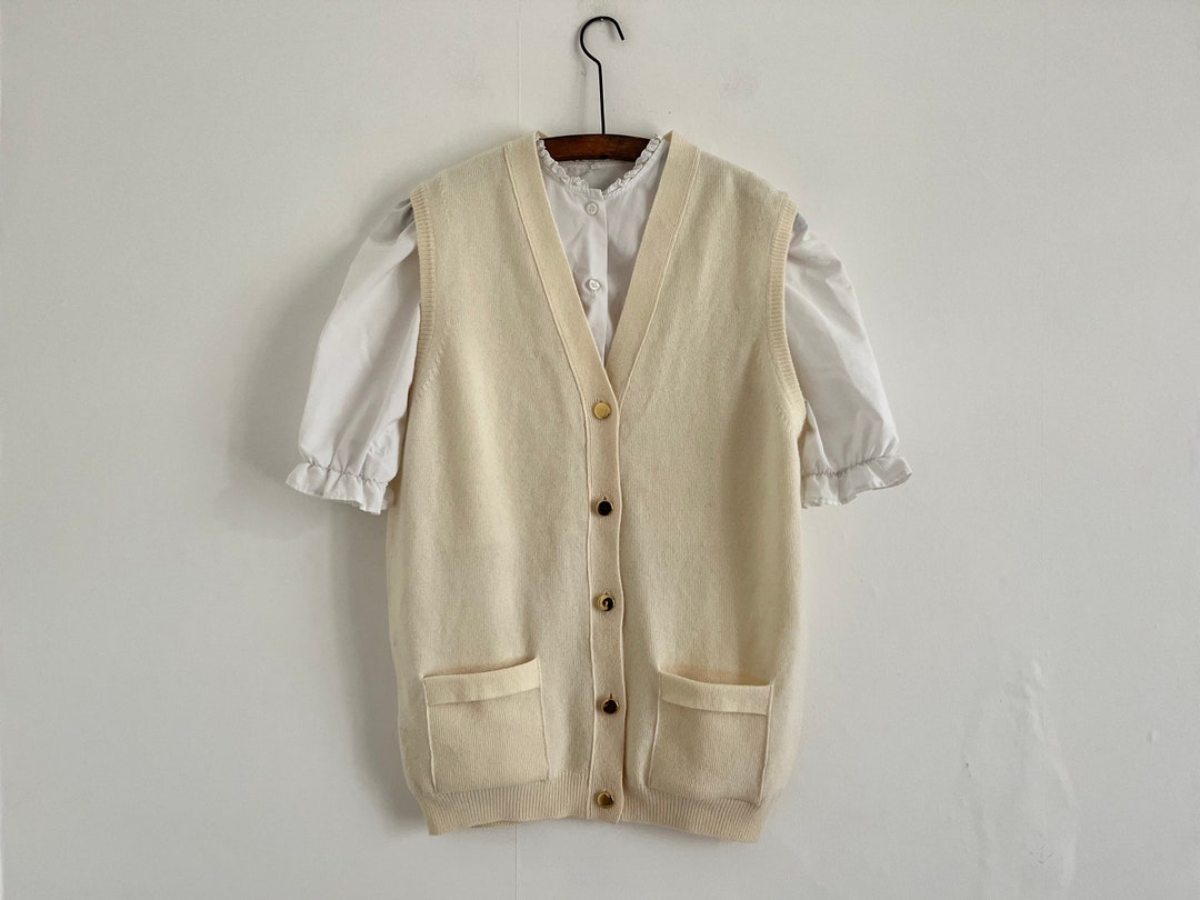 1980s Pure New Wool Cream Longline Sleeveless Cardigan Knitted ...