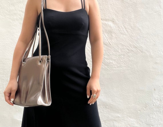 1990s y2k minimal chic shiny silver dark grey handbag… - Gem