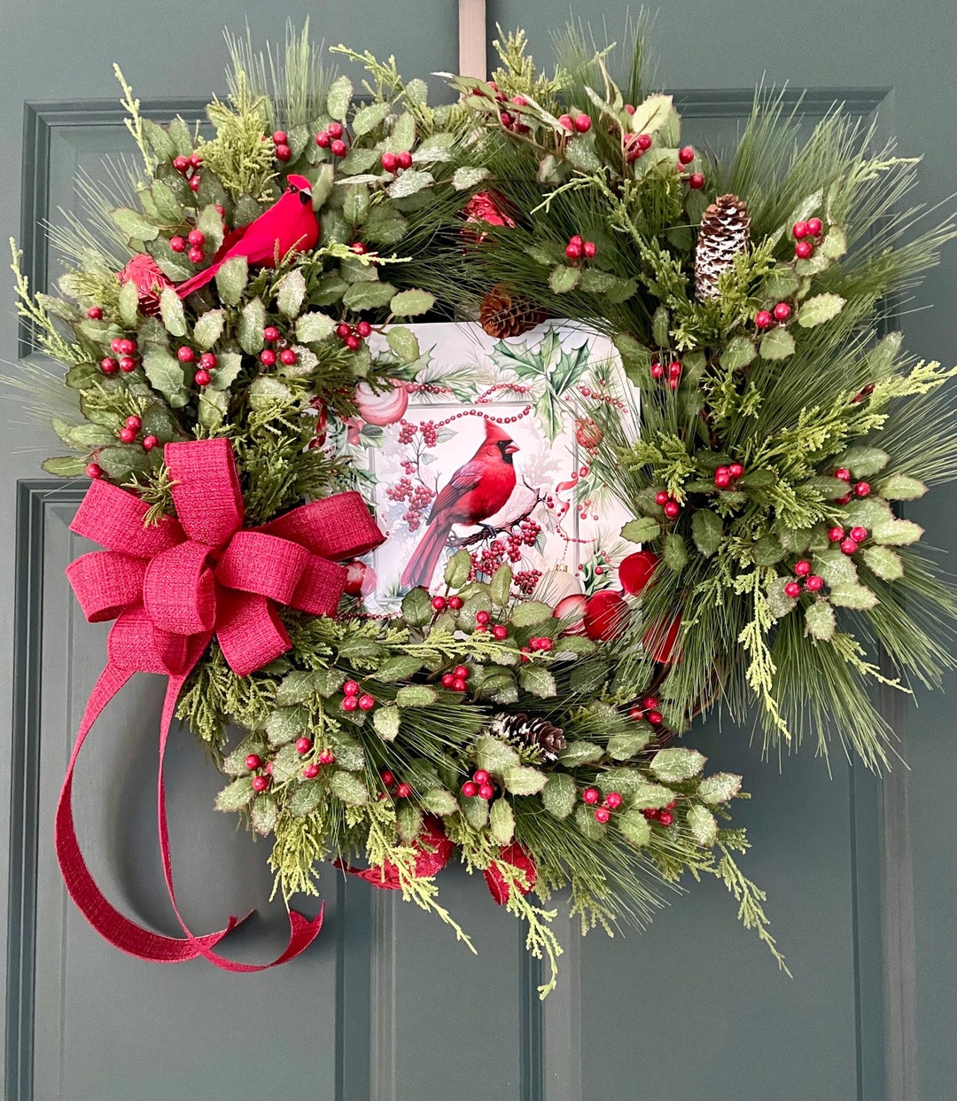 Christmas Cardinal Wreath, Farmhouse Red Cardinal Wreath With Holly and ...