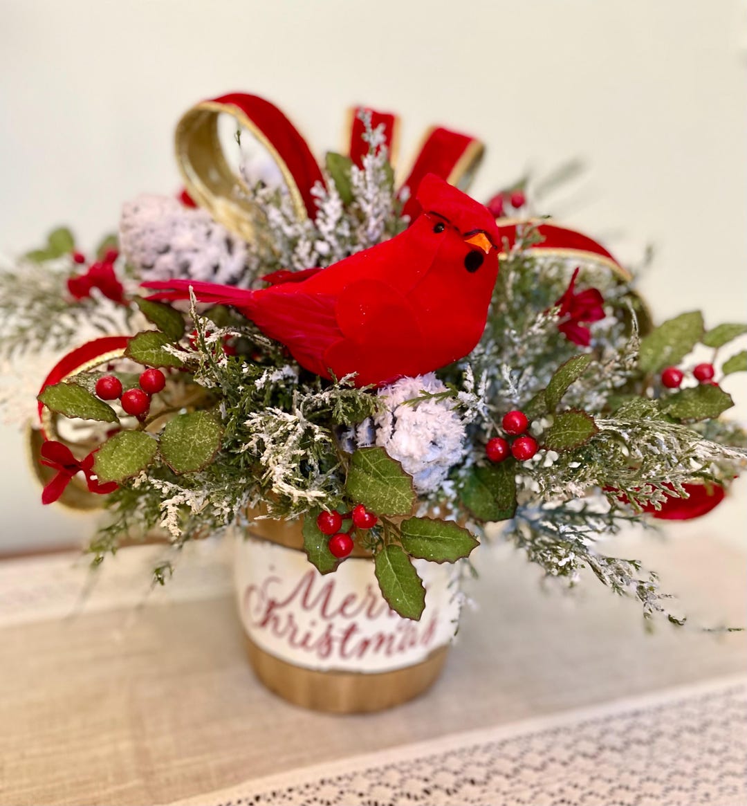 Cardinal Centerpiece, Farmhouse Christmas Table Decor, Holly and ...