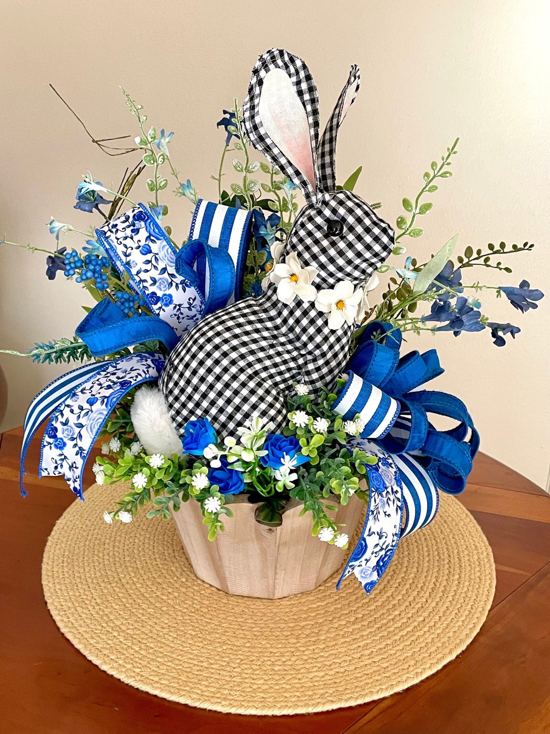 Buffalo Check Bunny Centerpiece, Spring Bunny and Floral Arrangement ...