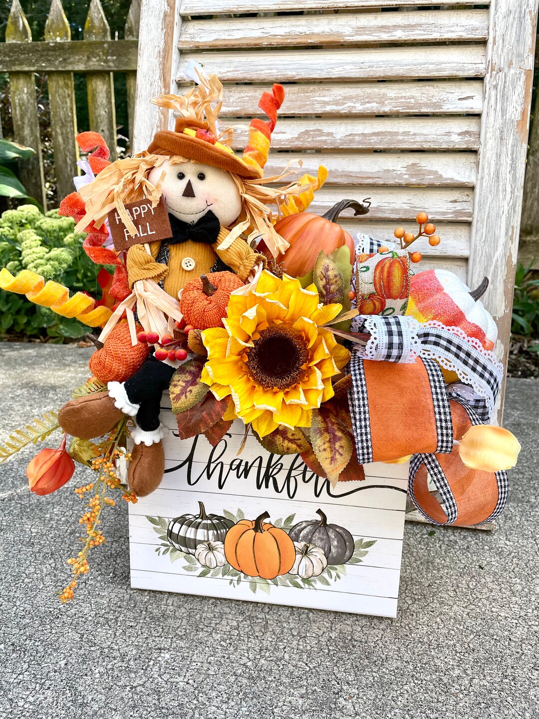 Thankful Fall Centerpiece With Cute Scarecrow and Pumpkins, Festive ...