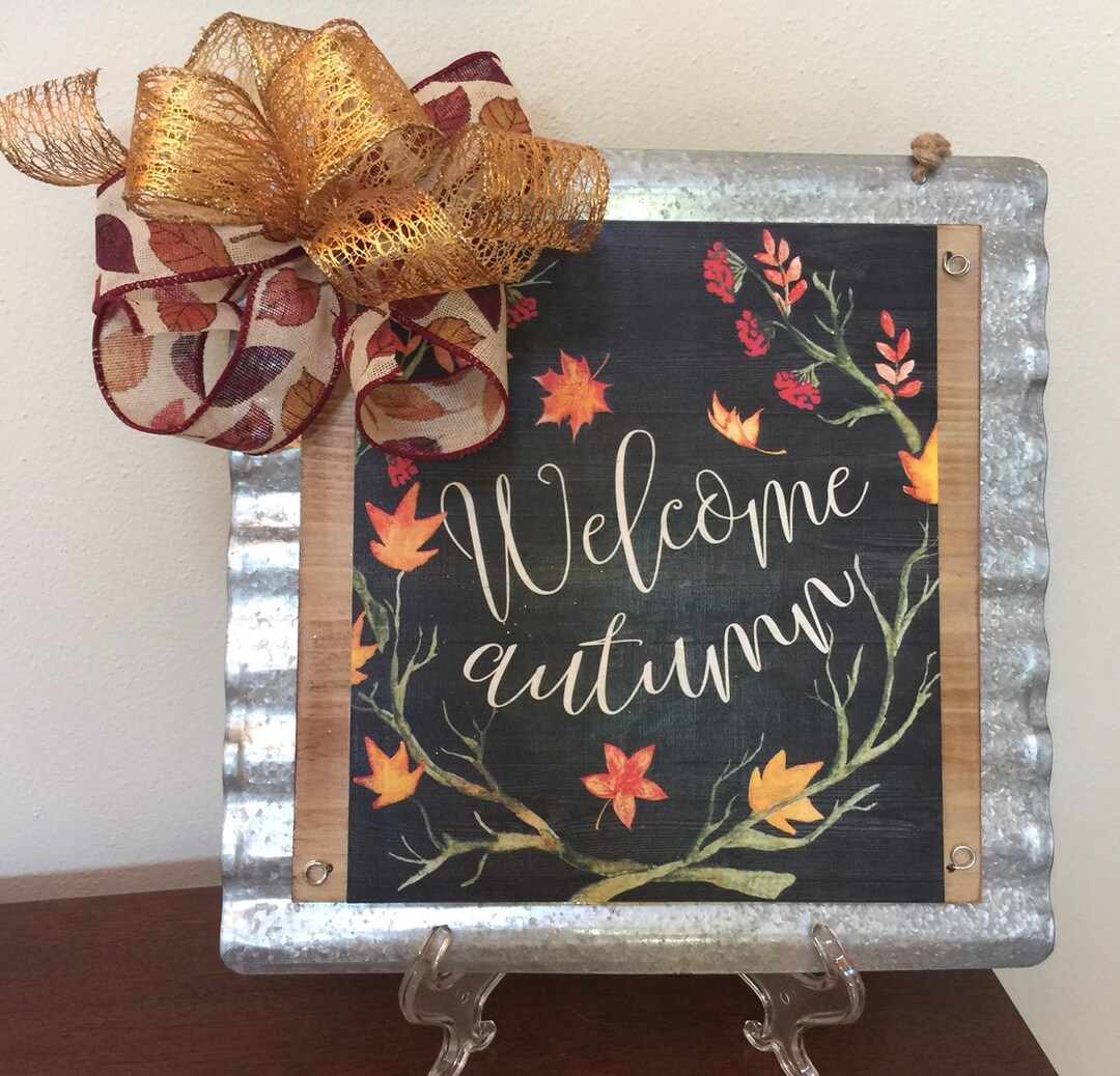 Farmhouse Fall Plaque, Welcome Autumn Rustic Wall Sign, Galvanized ...