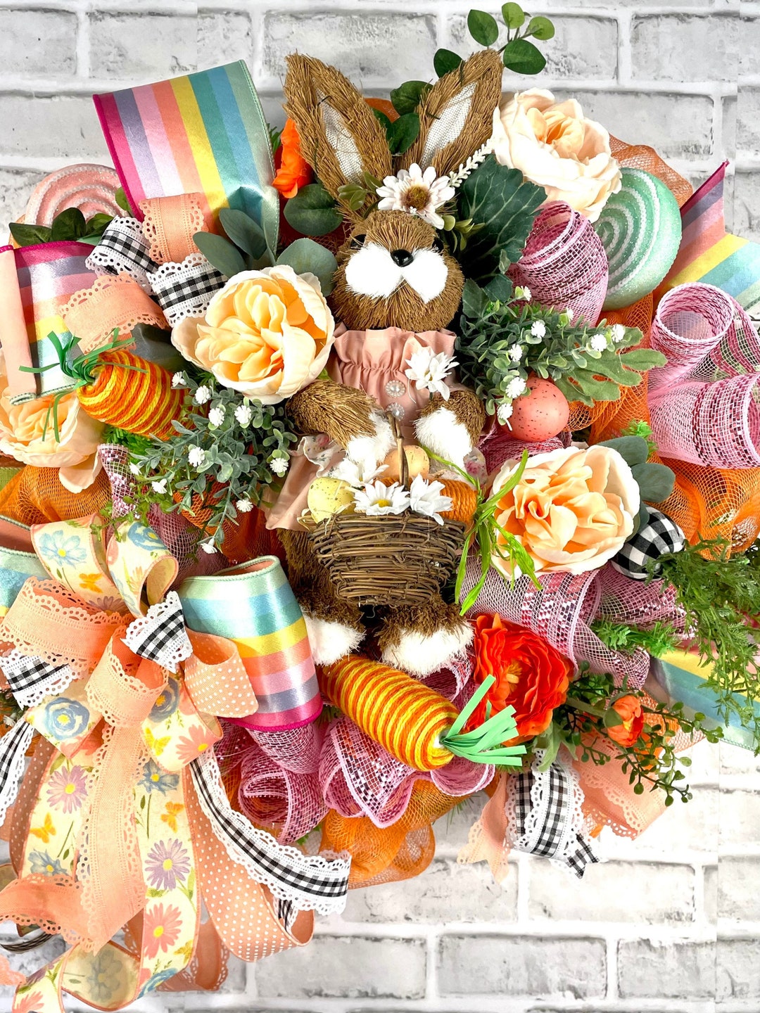 Farmhouse Spring Bunny Front Door Wreath, Shabby Chic Easter Wreath ...