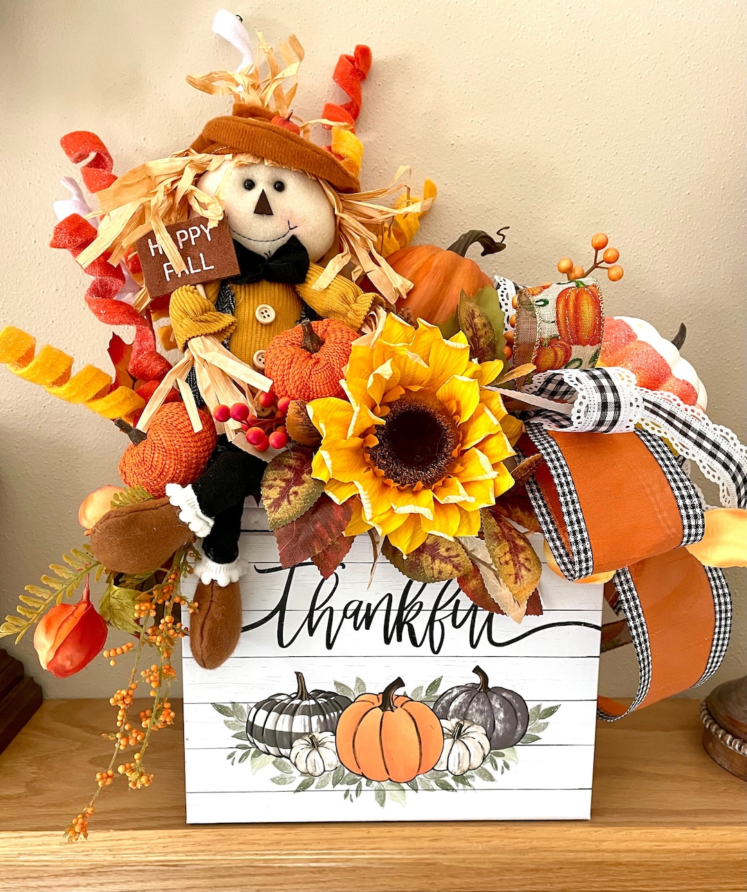 Fall Scarecrow and Pumpkin Centerpiece, Thanksgiving Holiday Home Decor ...