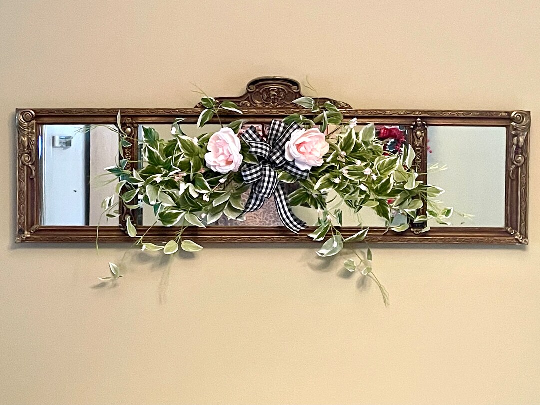 Greenery Horizontal Swag With Pink Peony Flowers and Buffalo Check Bow ...