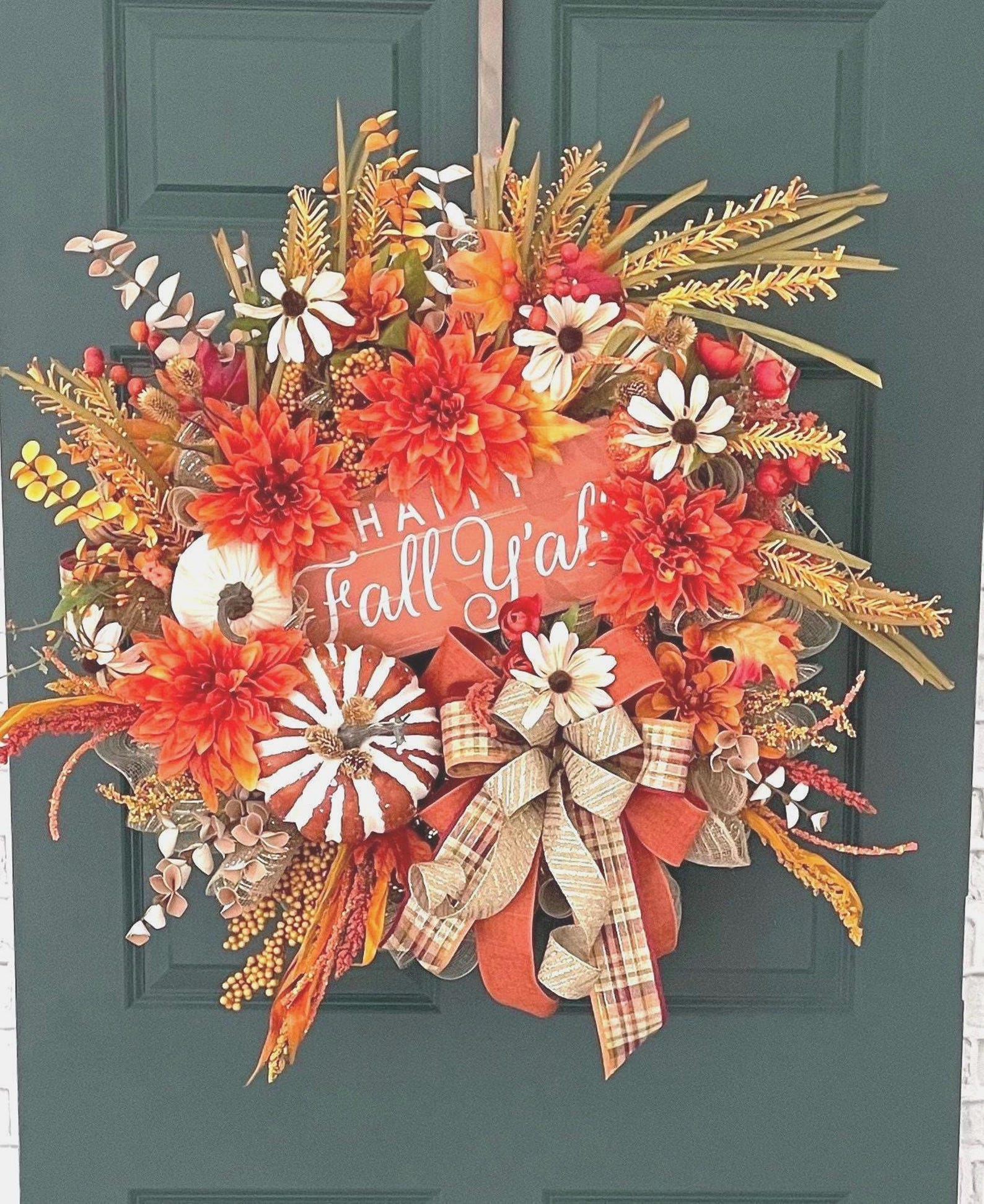 Rustic Fall Wreath With Orange Flowers and Pumpkins, Happy Fall Y' All ...