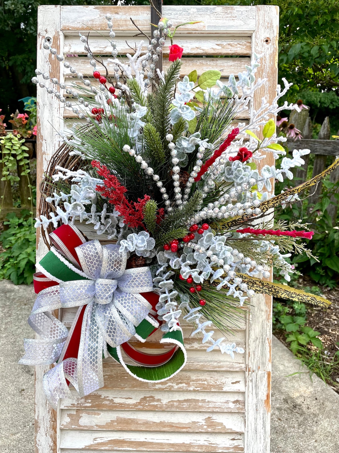 Christmas Silver Front Door Wreath, Rustic Silver and Greenery Wreath ...