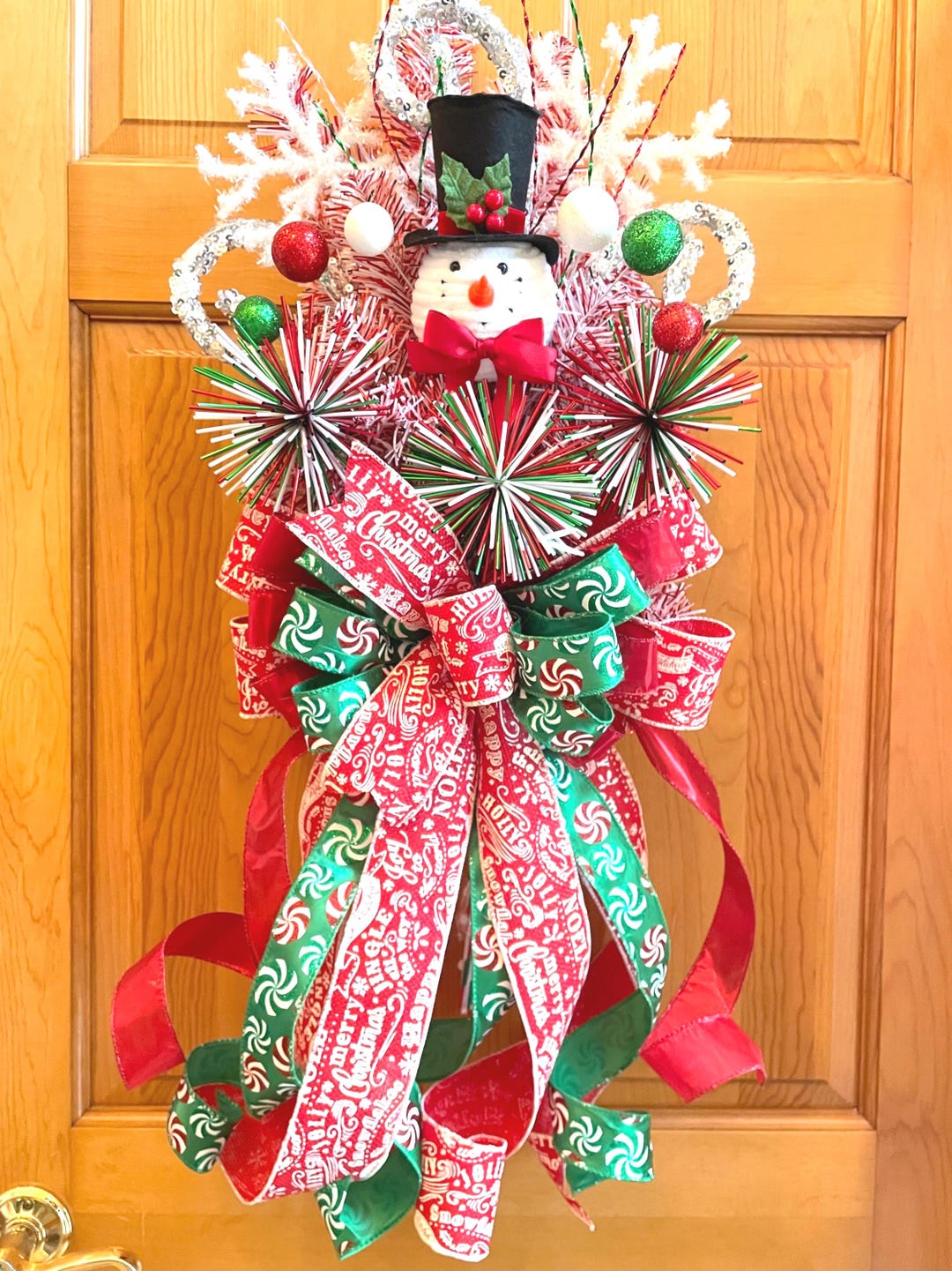 Whimsical Snowman Tree Topper, Christmas Red and Green Tree Decoration ...