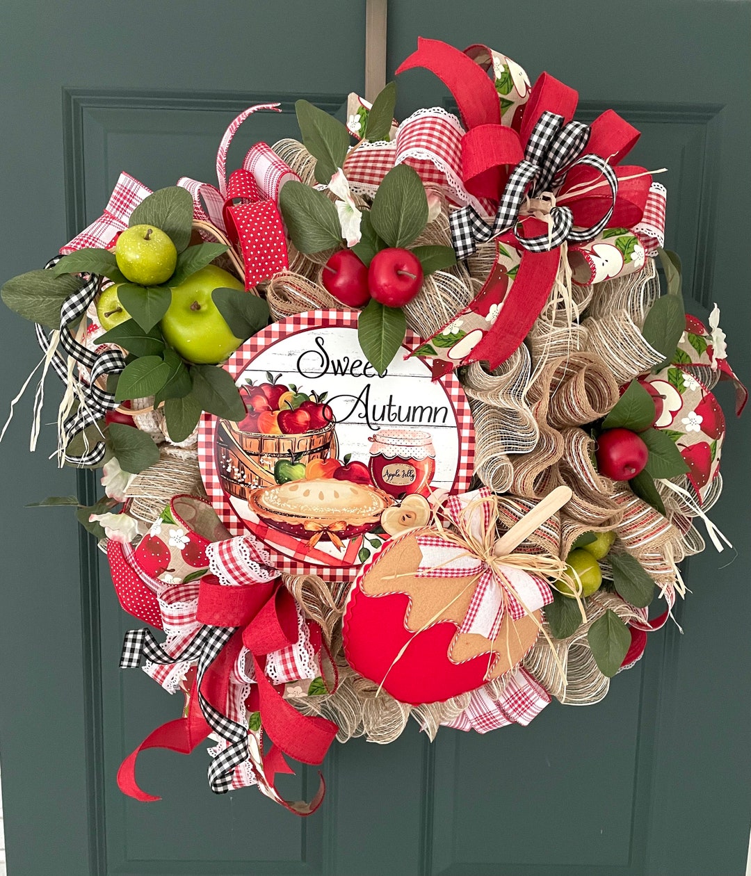 Sweet Autumn Apple Wreath, Fall Red and Green Apple Front Door Decor ...