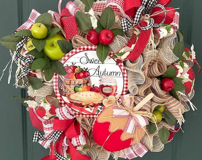 Sweet Autumn Apple Wreath, Fall Red and Green Apple Front Door Decor ...