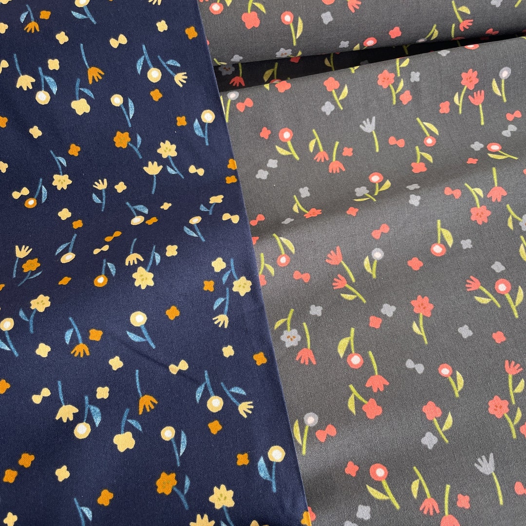 Cotton Fabric "neko and Tori" Flower Picking | Scattered Flowers Dark ...