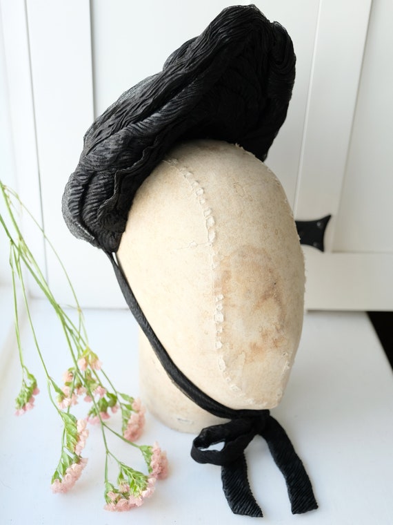 Antique Victorian Crepe Silk Black Mourning Bonnet Ha… - Gem Antique Victorian Crepe Silk Black Mourning Bonnet Ha… - Gem