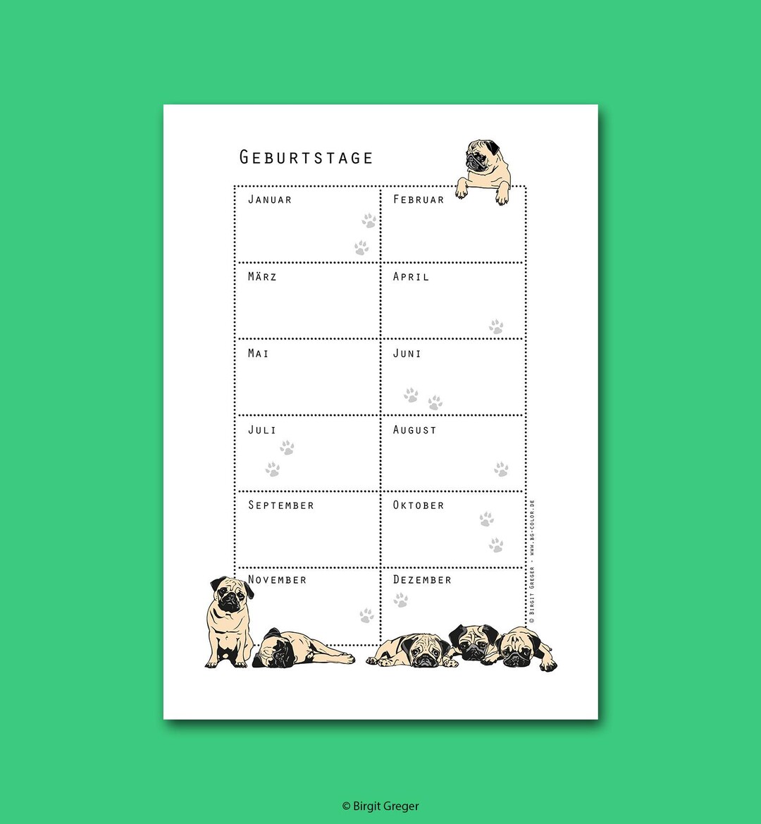 Perpetual Birthday Calendar Pug Pugs Dog Calendar – Digital File to ...