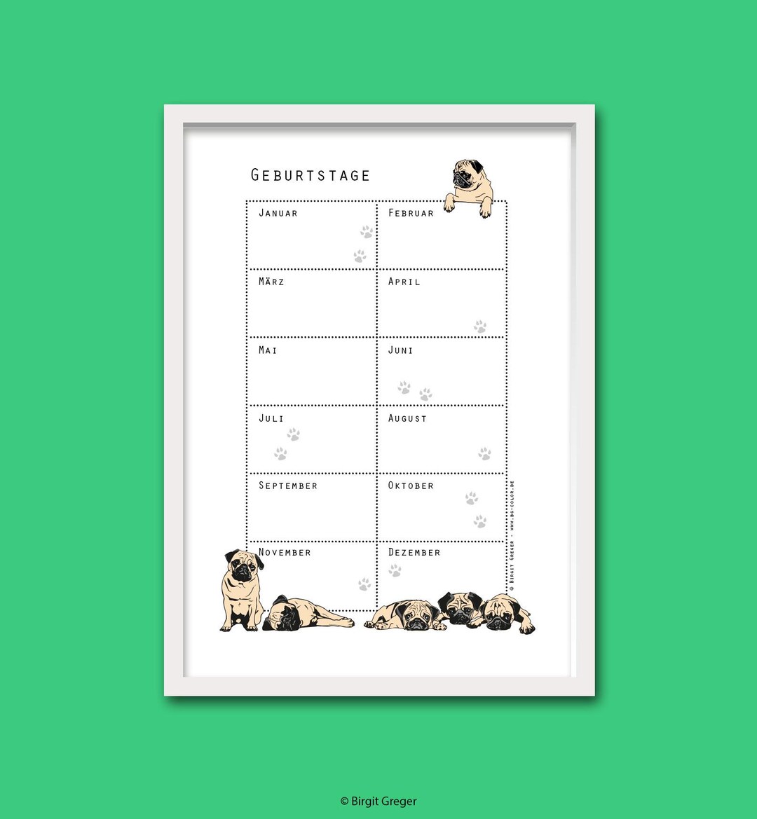 Perpetual Birthday Calendar Pug Pugs Dog Calendar – Digital File for ...
