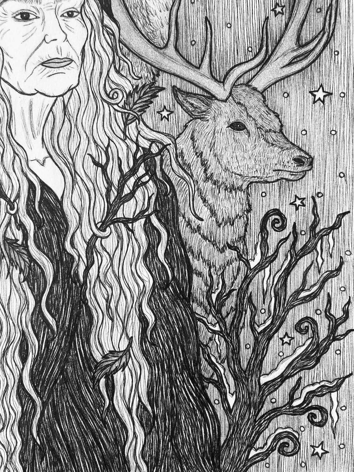 The Cailleach, Queen of Winter 5x7 Pen & Ink Veiled One Crone Hag Wise ...