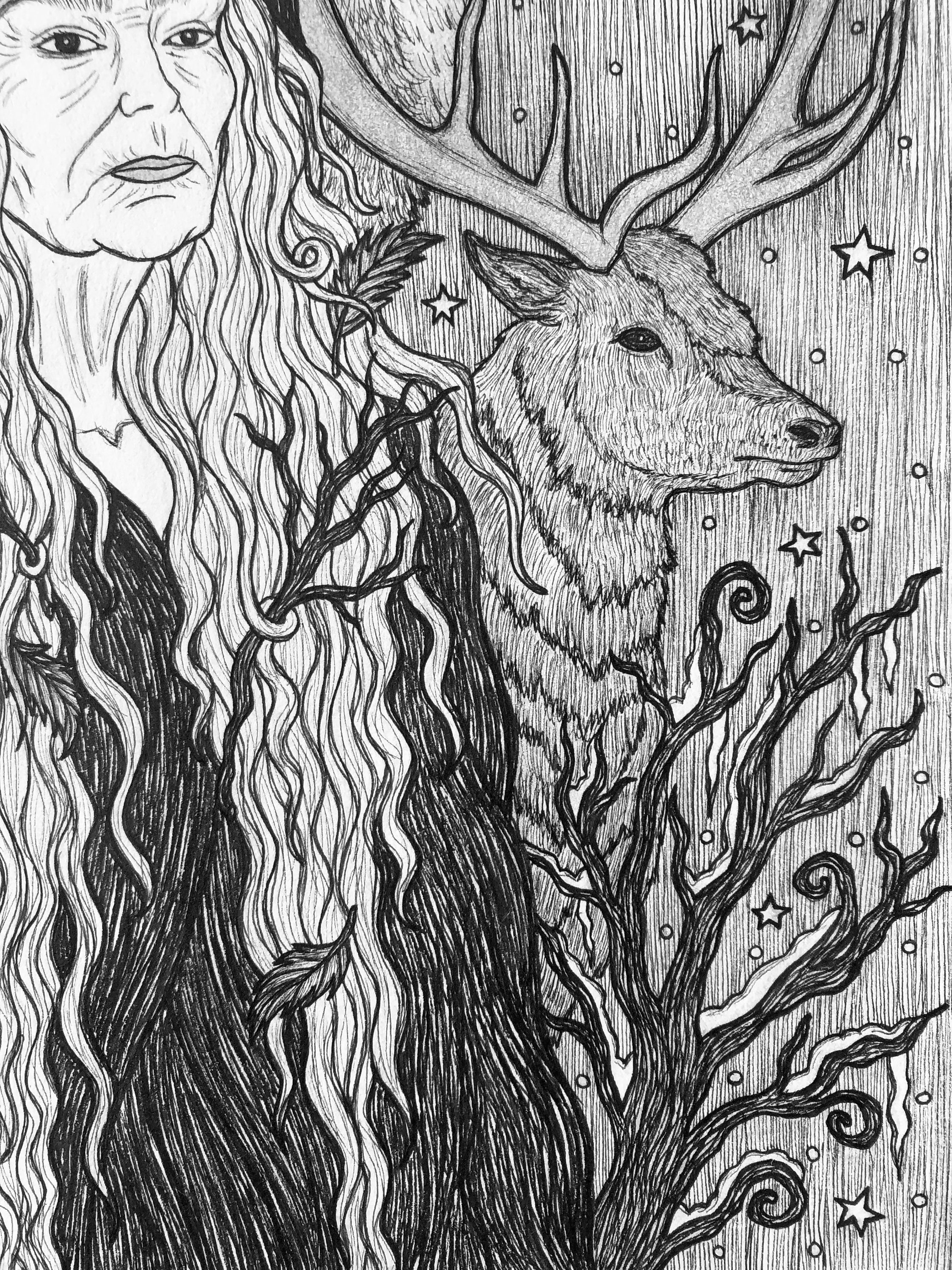 The Cailleach, Queen of Winter 5x7 Pen & Ink Veiled One Crone Hag Wise ...