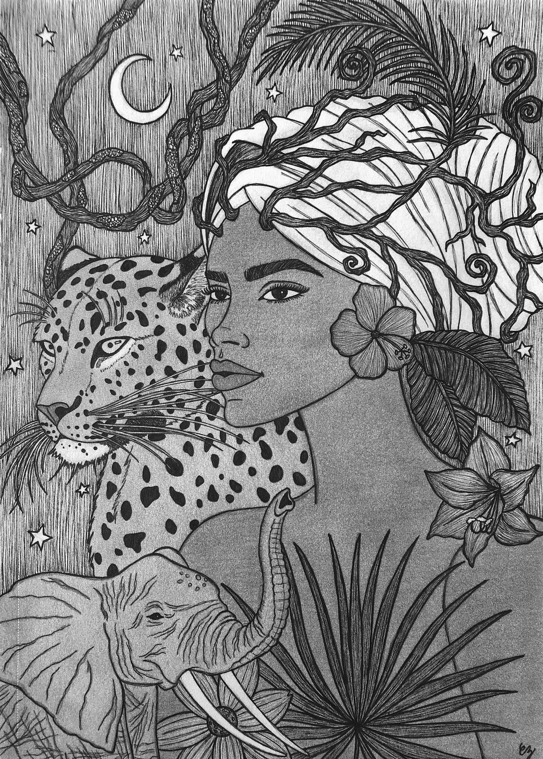 Ajá, the First Herbal Healer 5x7 Orisha Forest Jungle Leopard Elephant ...